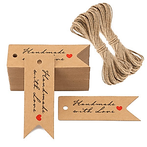 G2PLUS 100PCS Handmade Gift Tags, Handmade with Love Tags, 2.8''x1'' Mini Handmade Tags, Kraft Paper Gift Tags with String for Gift Wrapping, Arts & Crafts, Wedding Party Favors