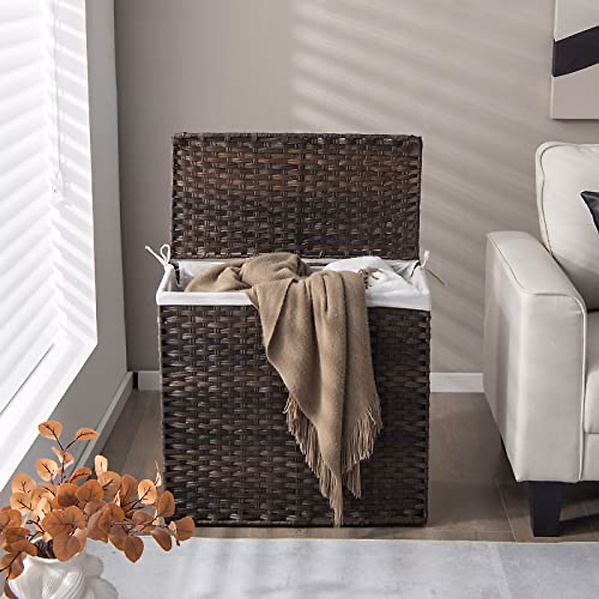 GOFLAME Laundry Hamper with Lid & Handles, 110L Divided Dirty Clothes Hamper with 3 Sections, Handwoven Rattan Laundry Basket with Removable & Machine Washable Liner Bag, Foldable & Easy Assembly