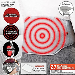 Calming Heat Back Wrap by Sharper Image- Cordless Electric Back Heating Pad, Inflatable Lumbar, Soothing Heat & Vibrations- 9 Settings 3 Heat, 3 Vibration, 3 Lumbar Includes Portable Power Pack