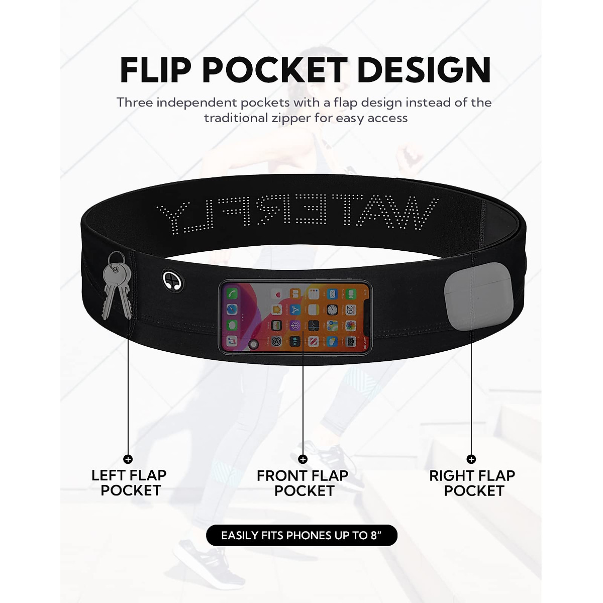 WATERFLY Running Belt Fanny Pack: Slim Thin Elastic Waistband for Men and Women Runner Marathon Jogger Waist Bag Sport Workout Fitness Exercise Gym Jogging Phone Holder Belt