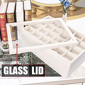 Coward Stackable Jewelry Trays Organizer Set with Clear Lid, Trays for Drawer, Earring Necklace Bracelet Ring Display Organizer (beige(ring+12girds+30girds+The glass lid))