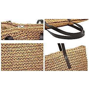 Straw Bag Round Summer Straw Large Woven Beach Bag Purse For Women Vocation Tote Handbags With Pom Poms (Lightcoffee)