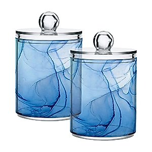 2 Pack Qtip Holder Organizer Dispenser Blue Marble Fluid Art Bathroom Storage Canister Cotton Ball Holder Bathroom Containers for Cotton Swabs/Pads/Floss