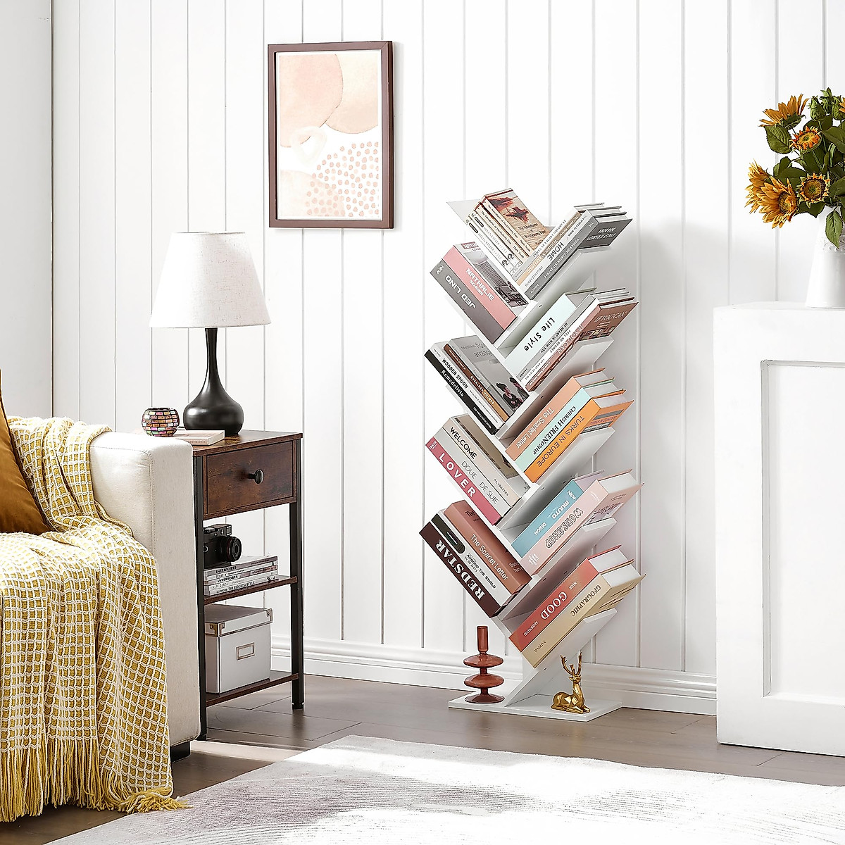 Hoctieon 10 Tier Tree Bookshelf, 10 Shelf Bookcase, Free Standing Tree Bookcase, Display Floor Standing Shelf for Books, Book Shelf Organizer, White