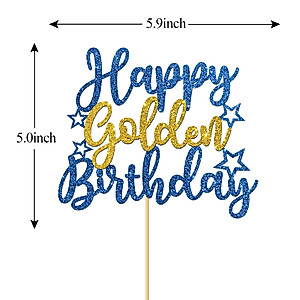 MonMon & Craft Happy Golden Birthday Cake Topper/Happy 1st 20th 30th 40th 50th Birthday Cake Decor/Golden Birthday Party Decorations - Blue & Gold Glitter