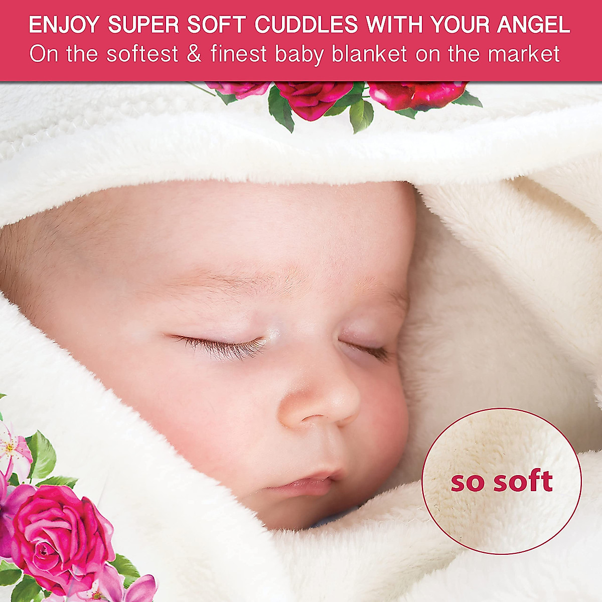 Bolino Baby Milestone Blanket for Girls Photo Prop ‎with 2 Frames, 5 Hair Bands, Flower Design in Soft ‎Minky Fleece - Baby Gift for Newborn Girl - 40x51 ‎In - Pink Flowers on White Background