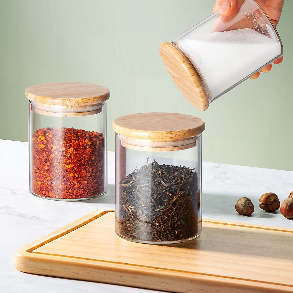 COCOYA 12 FL Oz Glass Jars with Bamboo Lid Set, 8Pack UPGRADE Clear Food Storage Canisters Kitchen Pantry Containers, for Spice Herb Nuts Tea Seed Seasoning Dry Foods Bean Sugar Snack Candy