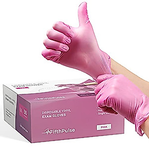 Pink Vinyl Disposable Gloves Medium 50 Pack - Latex Free, Powder Free Medical Exam Gloves - Surgical, Home, Cleaning, and Food Gloves - 3 Mil Thickness