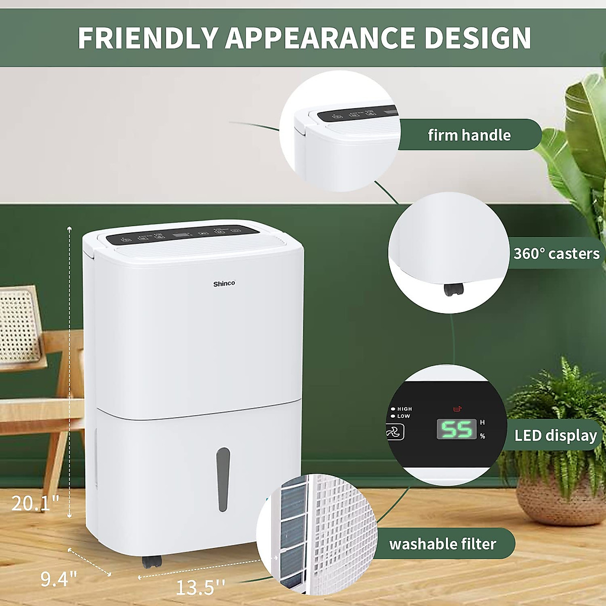 Shinco 6,000 Sq.Ft Energy Star Dehumidifier, Ideal for Large Rooms and Home Basements, Efficient Moisture Removal with Adjustable Humidity Control, 1.32 Gallons Water Tank