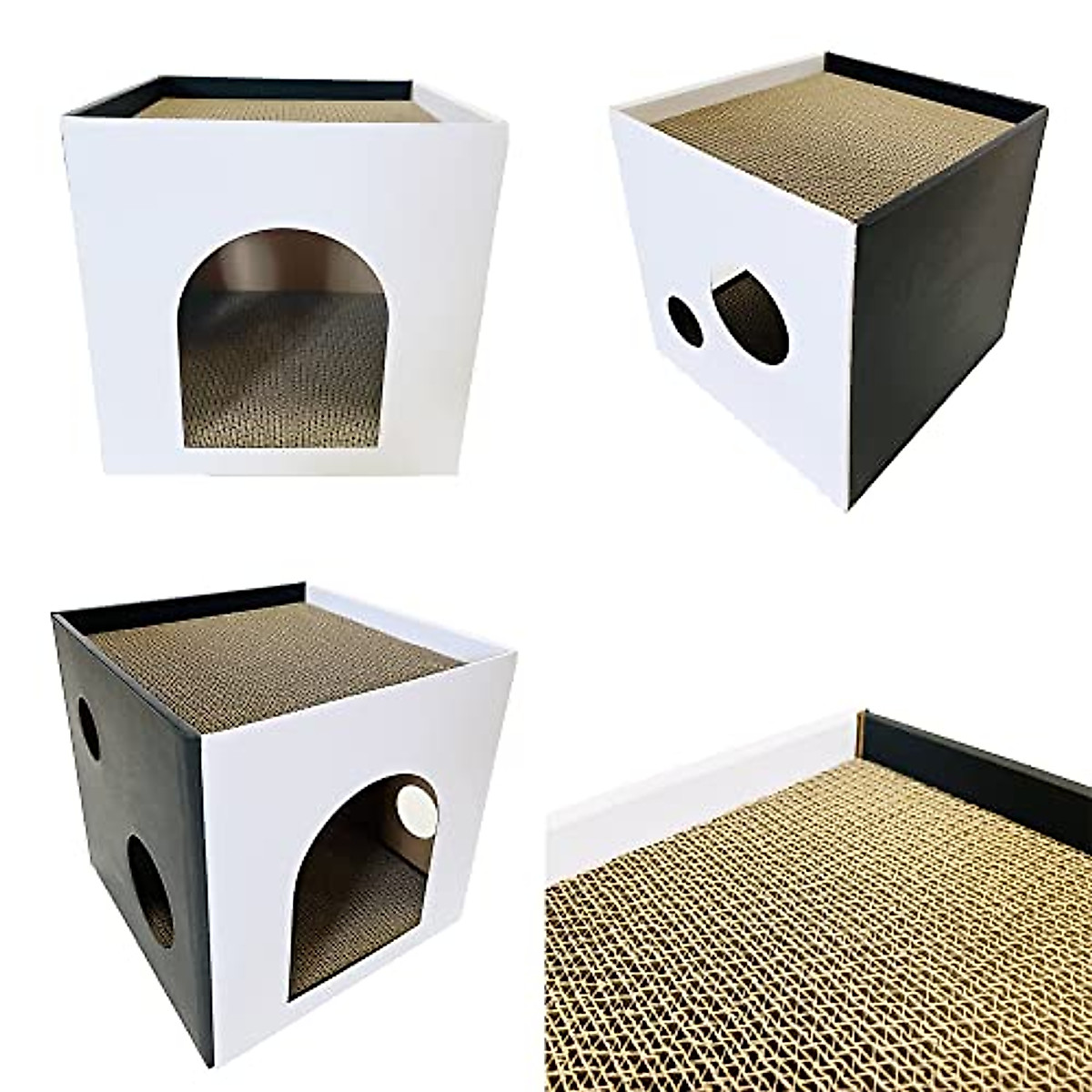 Corrugated Cardboard Cat House & Scratcher for Indoor Cats with Hammock Cat Scratching House,Scratching Pad, Cat House,Cat Scratching House (Black White)