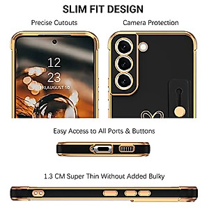 Telaso Phone Case Samsung Galaxy S22, Love Heart Cute Case with Wristband Kickstand Holder Soft TPU Plating Bumper Protective Slim Shockproof Cover for Girls Women, Black