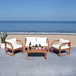Safavieh PAT7067A Outdoor DREN Natural Brown 4-Piece Beige Seat Cushions Included Patio Set