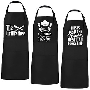 Newcotte 3 Pcs Men Father's Day Aprons Cooking Gifts for Men Dad Kitchen Aprons with Pockets Funny Cooking Chef Apron for Dad Husband Birthday Gifts from Daughter Son Grilling BBQ Baking, 3 Designs