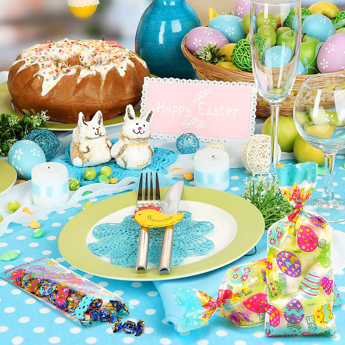 Chuangdi 100 Pack Easter Day Treat Bag Easter Bunny Cello Bag Party Bag Candy Cellophane Bag Easter Egg Treat Bag Painted Eggs Cello Bag Easter Goody Bags for Easter Day (Egg Style)