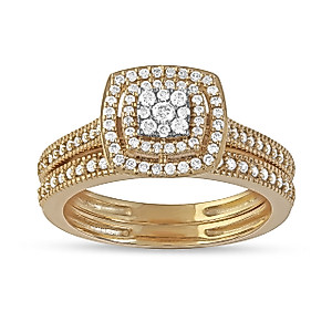 DZON IGI Certified 10k Yellow Gold 1/3CT TDW Round Cut Diamond Double Cushion Frame Cluster Bridal Jewelry Set Love Gift for Women (I-J,I2)