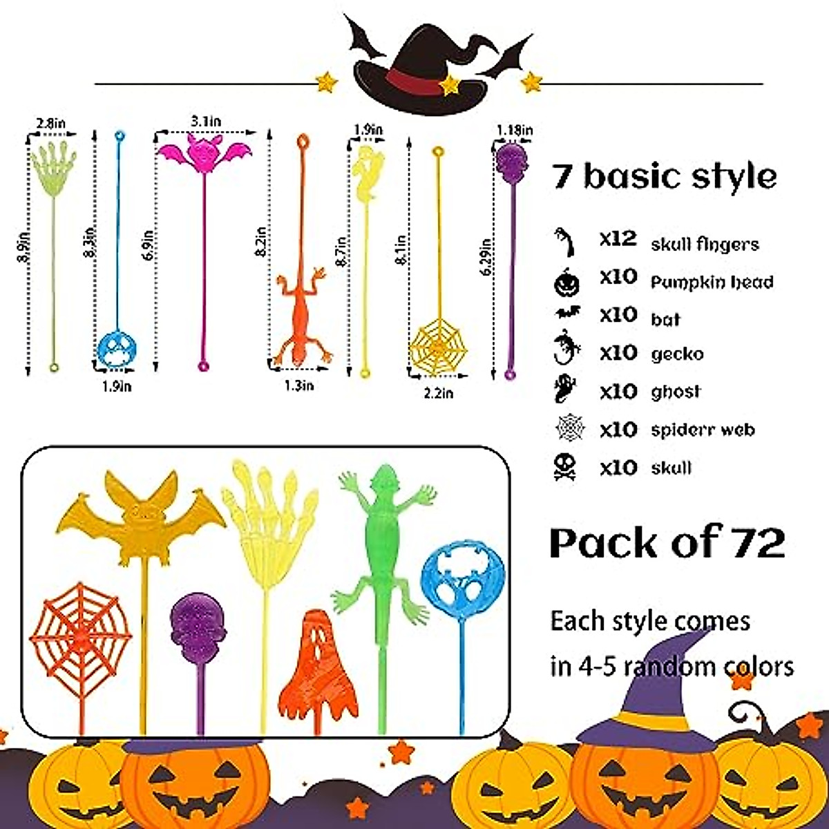 Vellibring 72Pcs Halloween Sticky Hands Party Favors Toys for Kids, Skull Skeleton Bat Ghost Pumpkin Styles Sticky Stretchy Toys for Goodie Bags Fillers Halloween Exchange Gifts Classroom Prizes