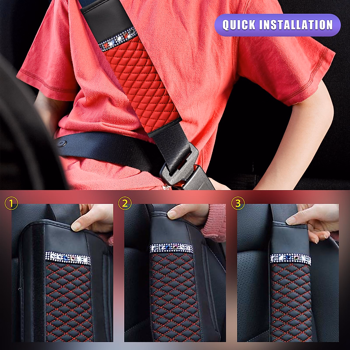 Ziciner 2PCS Leather Seat Belt Cover, Sparkling Rhinestone Seat Belt Covers for Women, Soft Harness Pads Strap Helps Protect Your Neck & Shoulder, Auto Interior Accessories for Adult Kid (Red)