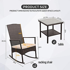 Outdoor PE Wicker Rocking Chair 3-Piece Patio Rattan Bistro Set 2 Rocker Armchair and Glass Coffee Side Table Furniture Washable Lacing Khaki Cushions