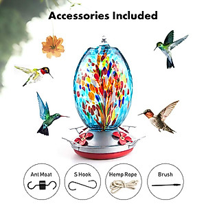 Muse Garden Hummingbird Feeders for Outdoors Hanging, Blown Glass Hummingbird Feeder, for Garden Backyard Decor, Unique Gifts Idea for Mom Older Women, 27OZ, Blue Fireworks