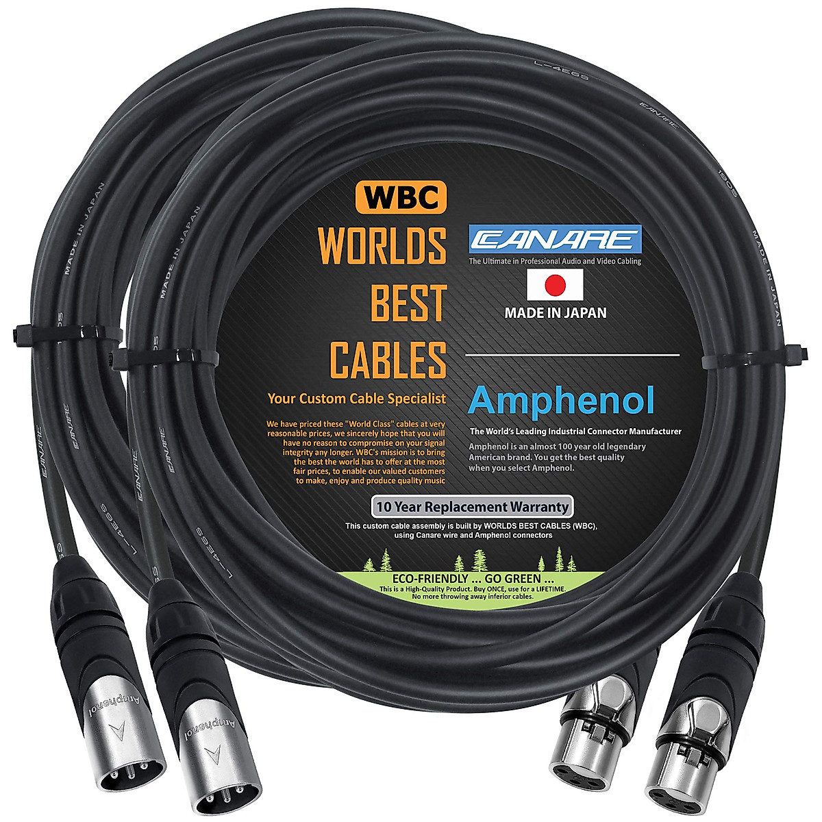 WORLDS BEST CABLES 2 Units - 25 Foot - Canare L-4E6S, Star Quad Balanced Male to Female Microphone Cables with Amphenol AX3M & AX3F Silver XLR Connectors - Custom Made