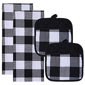 Aneco 4 Pack Check Plaid Dish Towels Pot Holders Oversized 18 x 28 inches Cotton Kitchen Dish Towels Fast Drying Cotton Tea Towels Check Plaid Gift Set
