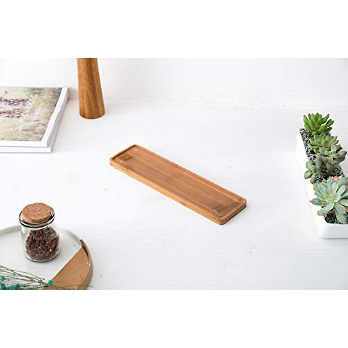 Kipokalor 11.1x2.36x1.77inch Long Rectangular Modern Minimalist White Ceramic Succulent Planter Pot with Saucer for Office,Desk,Window.