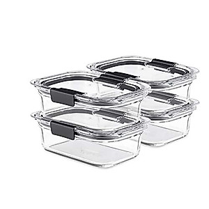 Rubbermaid Brilliance Glass Storage Set of 4 Food Containers, Clear & Brilliance Glass Storage 3.2-Cup Food Containers with Lids, 4-Pack (8 Pieces Total), BPA Free and Leak Proof, Medium, Clear