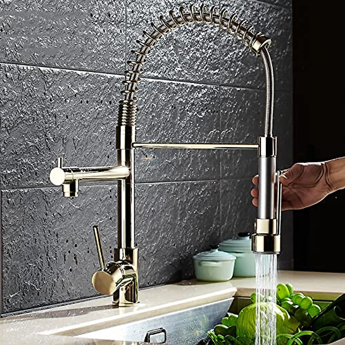 Kitchen Faucet with Pull Down Sprayer Gold Pull Out Kitchen Faucets Commercial Spring Kitchen Sink Faucet Hot and Cold Water Deck Mounted Brass Sink Tap 2 Spout with Standard Fittings
