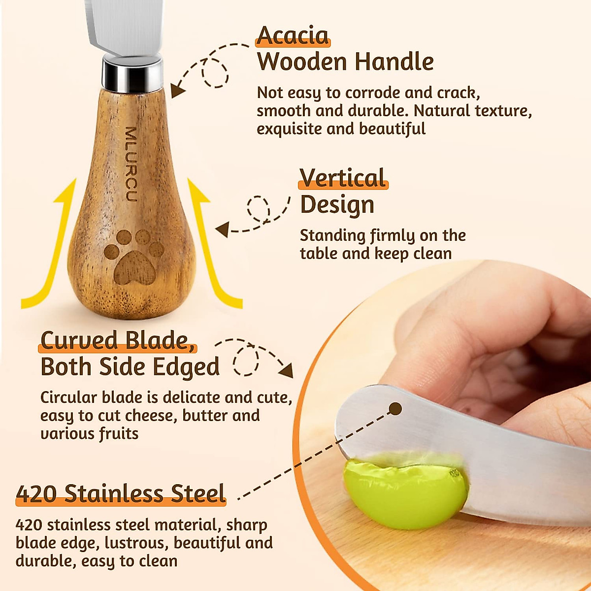 Standing Cheese Butter Spreader Knife Set 4 PCS Charcuterie Accessories Stainless Steel Vertical Spreader Knives with Wooden Handle Charcuterie Board Utensils for Cold Butter Peanut Butter Jam Fruit