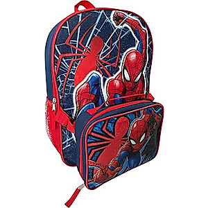 Spider-Man 15 Inch Kids Backpack With Removable Lunch Box Set (Navy Blue-Red)