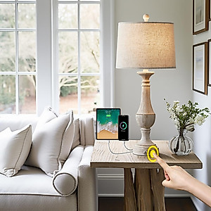 PoKat 27.75" Farmhouse 3 Way Dimmable Touch Table Lamp Sets of 2 Rustic Classic Bedside Nightstand Wood Lamps for Living Room Bedroom with 2 USB Ports Washed White (2 Bulbs Included)