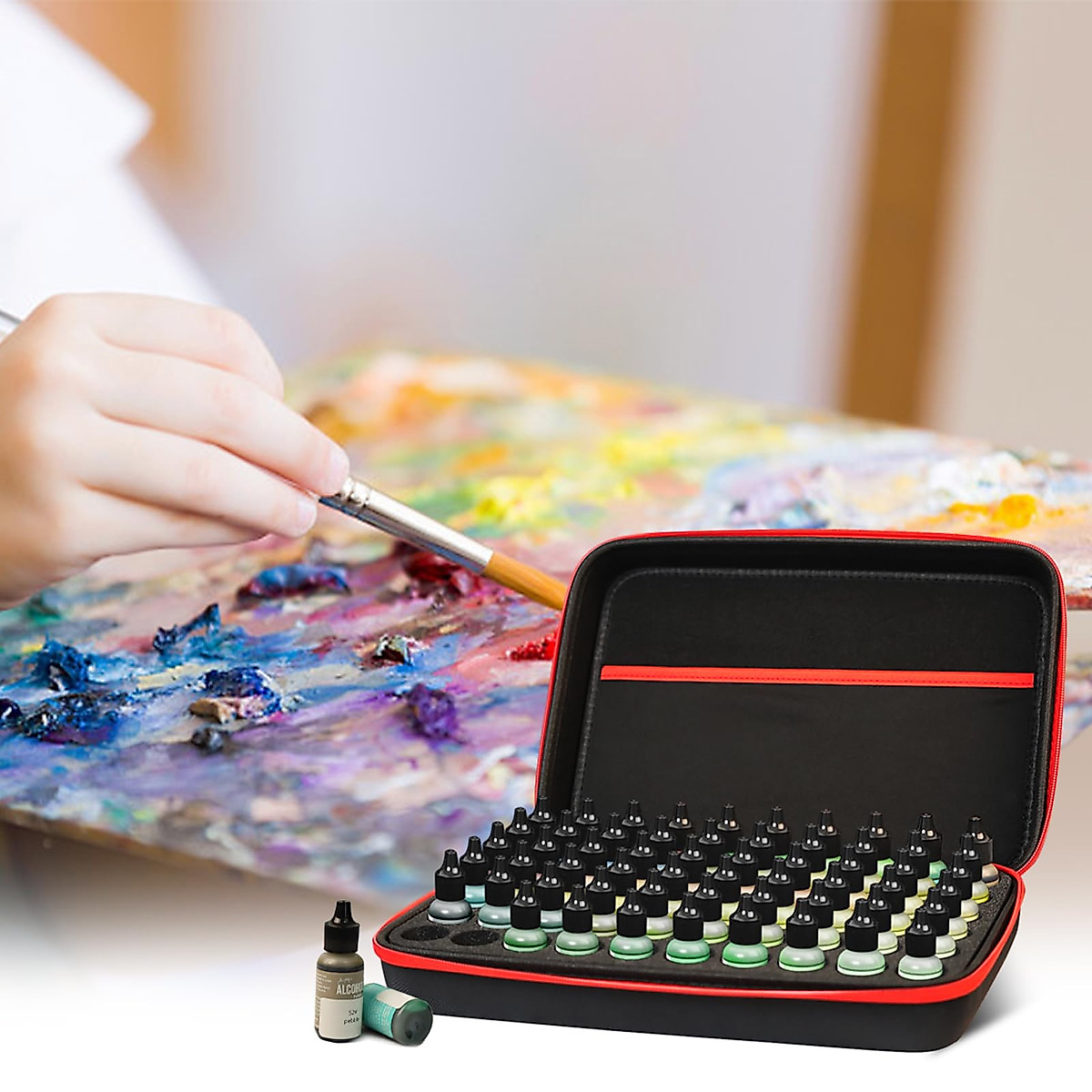 ZORETCO Alcohol Ink Storage Case，60 Bottles Miniature Paint Organizer with Foam Bases and Inner Storage Pocket (Ink not Included)