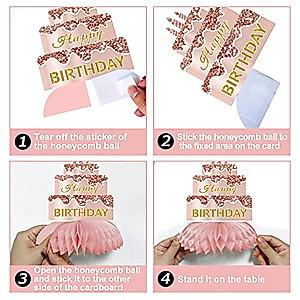 Pink Rose Gold Birthday Honeycomb Centerpieces Decorations for Women Girls, 8Pcs Rose Gold Happy Birthday Table Centerpieces Party Supplies, 10th 16th 21st 30th 40th 50th 60th Bday Table Topper Decor