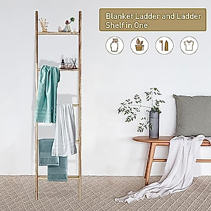 ECOMEX Blanket Ladder, 5-Tier Ladder Shelf, 5.4 Ft Wooden Blanket Ladder Farmhouse, Towel Ladder Wall Leaning Ladder for Blanket Towel Quilt, Decorative Ladder for Living Room & Bedroom, Natural Wood