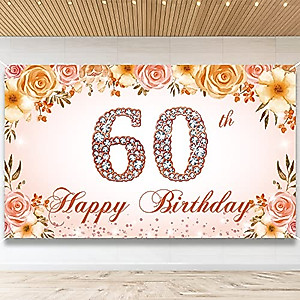 60th Birthday Decoration Banner Backdrop, Happy 60th Birthday Decorations for Women, 60 Years Old Birthday Party Photo Props Pink Floral, 60 Birthday Sign for Outdoor Indoor Rose Gold, Fabric PHXEY