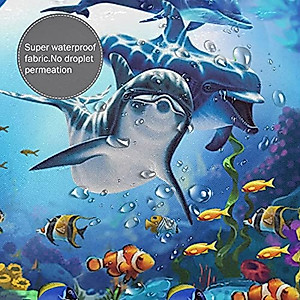 4 Pcs Dolphin Shower Curtain Set with Rugs, Toilet Lid Cover Bath Mat ,Blue Ocean Sea World Decoration Shower Curtain with 12 Hooks,65 x 70 Inches Waterproof Dolphin Shower Curtain for Bathroom Set…