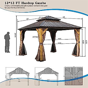 Evedy Hardtop Gazebo12x12ft,Outdoor Permanent Metal Pavilion with Galvanized Steel Double Roof,Outdoor Cedar Wood Frame Canopy with Curtains and Netting for Patio,Backyard and Lawn(Brown)