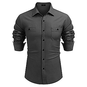 COOFANDY Men Untucked Shirt Regular Fit Button Up Long Sleeve Casual Dress Shirt Denim Black