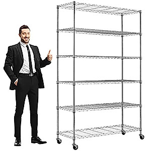 YYkokocat 6-Tier Adjustable Storage Shelves Heavy Duty Wire Shelving Unit with Wheels 2100Lb Metal Layer Rack Shelf NSF Shelving for Closet Kitchen Garage, 82" H x 48" L x 18" D - Chrome