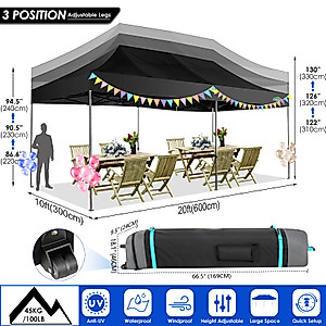 COBIZI 10x20 Heavy Duty Pop up Canopy Tent without Sidewall Ez Up Commercial Outdoor Canopy Wedding Party Tents for Parties All Season Wind & Waterproof Gazebo with Roller Bag,Black(Frame Thickened)
