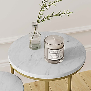Nathan James Lula Nesting Round Side Set of 2, Accent End Table for Living Room with Wood or Marble Finish Tabletop and Metal Base, White/Gold