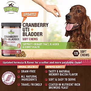 Strawfield Pets' Cranberry UTI + Bladder Soft Chews Cranberry Supplement for Dogs Urinary Tract - Bacon Flavor 120 Chews