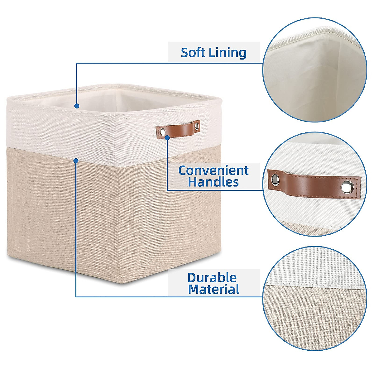 Temary Cube Storage Bins 13x13 Fabric Storage Cubes Baskets Set Of 4 Cloth Baskets for Shelf, Large Basket Empty Baskets for Organizing, Baskets Cube Basket for Storage (White&Khaki)