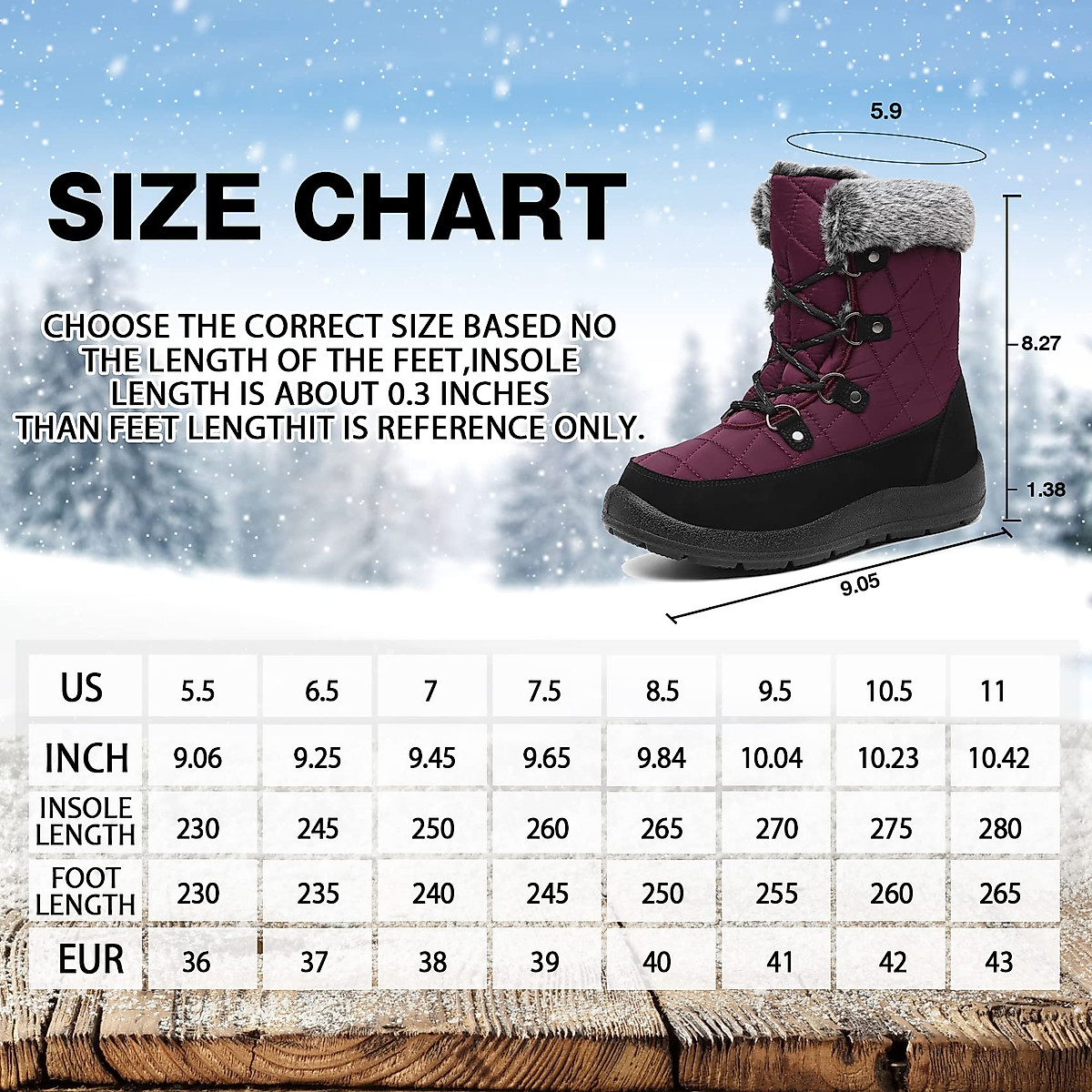 JSWEI Women's Snow Boots Wide Width, Warm Faux Fur Comfortable Winter Boots Lace Up Snow Boot Mid-Calf Wide Boots for Outdoor Red 7.5