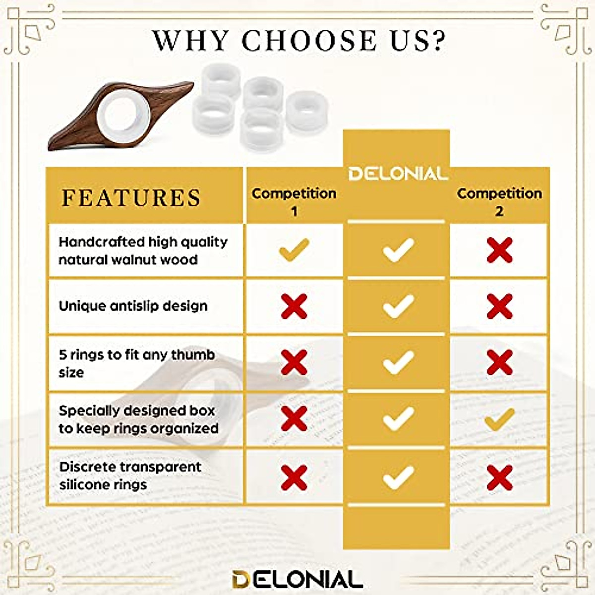 DELONIAL Book Page Holder with 5 Adjustable Rings, Handmade Natural Walnut Thumb Bookmark for Keep Book Open