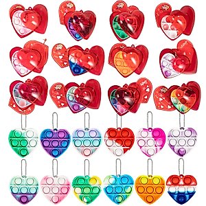 Kids Valentines Gifts Mini Pop Set - 12 Pack Valentine's Day Heart Boxes with Fidget Keychains and Gift Cards for Kids School Class Exchange Gifts Valentines Party Favors