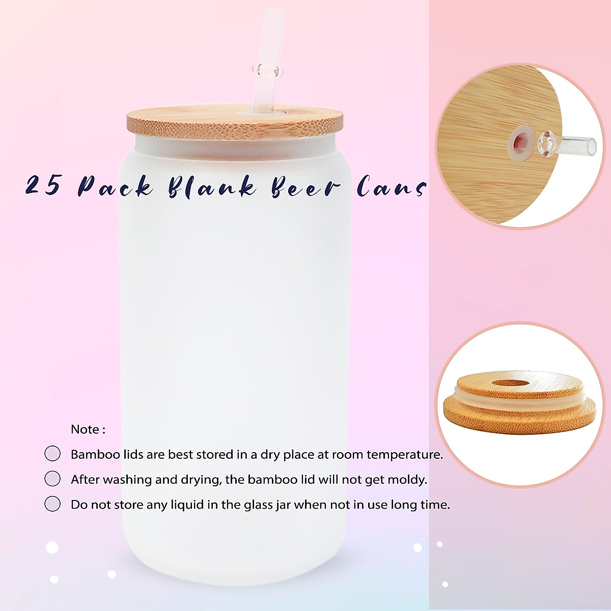 VEVELU 25 Pack Frosted Glass Cups with Lids and Straws 16oz Frosted Sublimation Glass Cups Can Blanks Tumbler Glass Sublimation Cups with Bamboo Lid Beer Can Glass Iced Coffee Cups Drinking Juice Jars