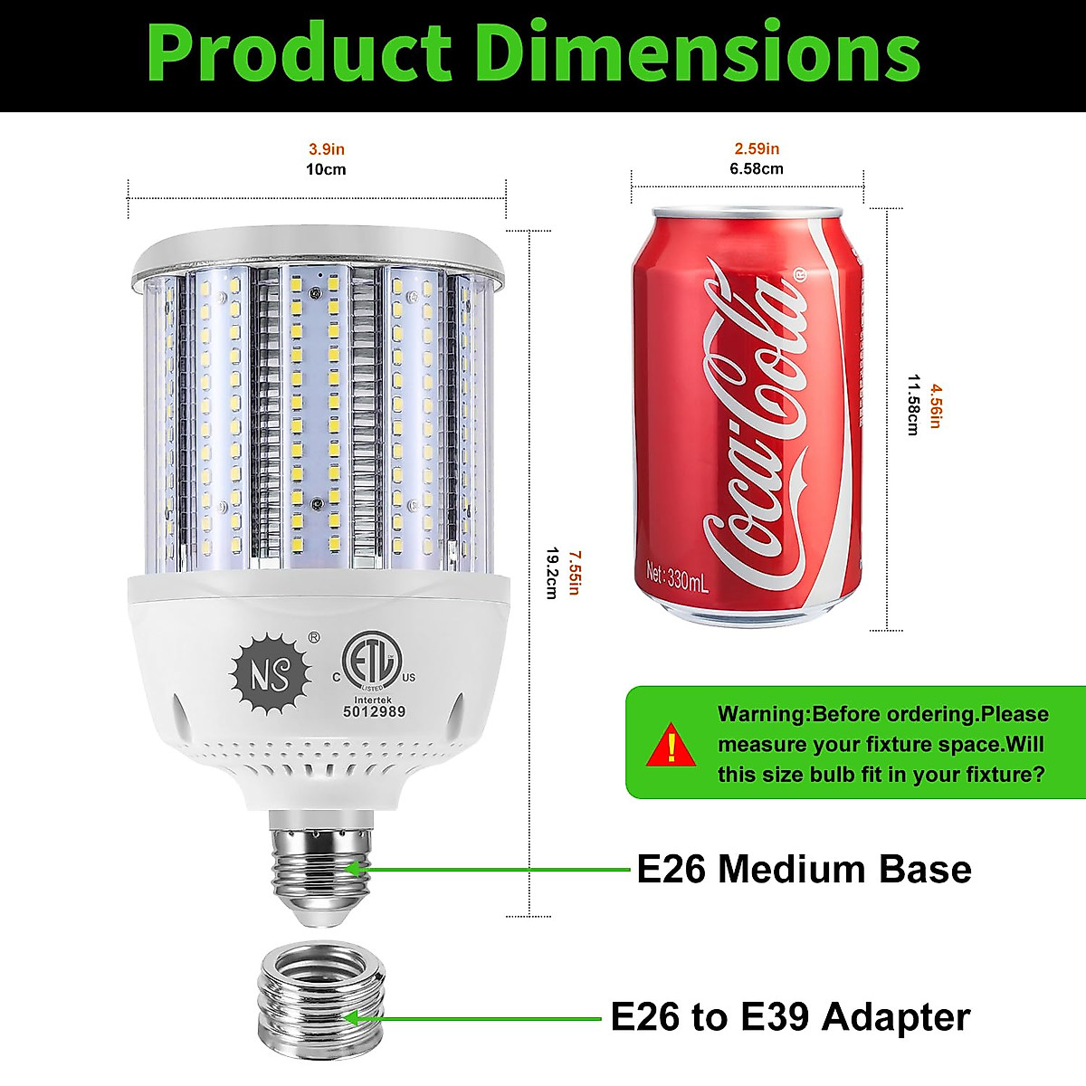 NS 2 Pack 80W LED Corn Bulb, 12000LM 5000K Daylight Cold White LED Bulb E26/E39 Mogul Base Open Semi-Closed Lamp Applicable to Parking Lot Column Top Rear Yard Lamp Garage Office AC100-277V