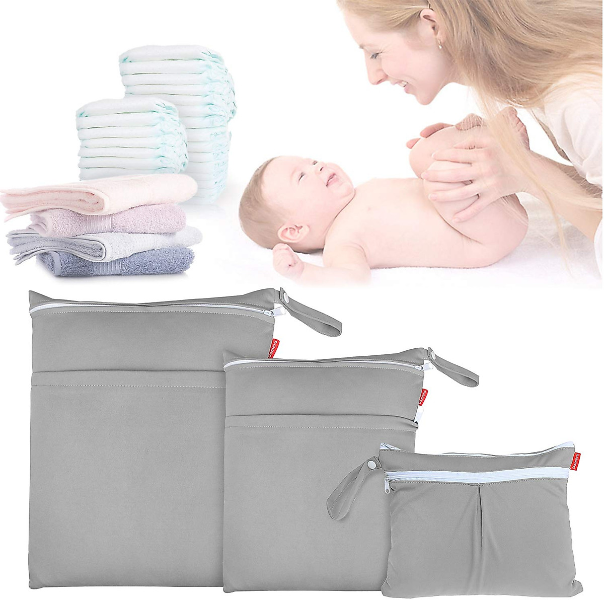 Damero 3pcs Pack Wet Dry Bag for Cloth Diapers Daycare Organizer Bag, Gray