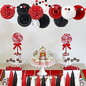 InBy 29pcs Red Black White Mickey Minnie Mouse Ladybug Birthday Wedding Baby Shower Bachelorette Party Decoration Kit - 12" 10" Tissue Paper Pom Pom, Tassel Garland, Circle Dot Garland, Paper Fan